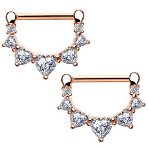 melighting 2pcs 14g nipple ring surgial steel 316l nipple piercing jewelry shiny heart clear cz nipple bars nipple barbell for women rose gold 14mm