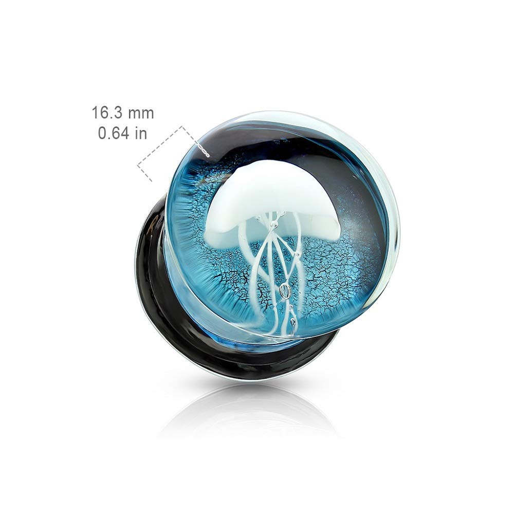 Pierced Owl Glass Floating Jellyfish Blue Double Flared Saddle Plug Gauges, Sold as a Pair (8mm (0GA))