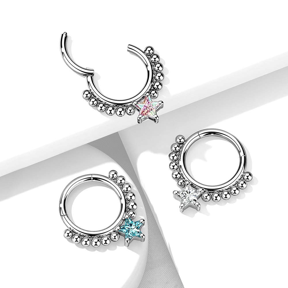 Pierced Owl 16GA Precision All 316L Surgical Steel Star Shaped CZ Crystal and Ball Lined Hoop Cartilage Helix Daith Septum Nose Hinged Segment Ring (Aurora Borealis)