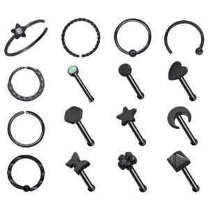 wasolie 16 pcs nose rings for women 316l stainless steel nose piercings jewelry black screw men nose studs rings.