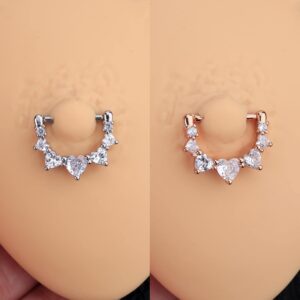 Melighting 2pcs 14G Nipple Ring Surgial Steel 316L Nipple Piercing Jewelry Shiny Heart Clear CZ Nipple Bars Nipple Barbell for Women Rose Gold 14mm