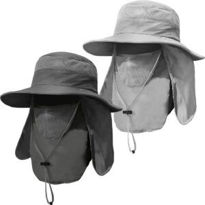 zexian 2 pieces men's wide brim fishing hat outdoor upf 50+ sun protection removable face and neck flap (dark grey & light grey)