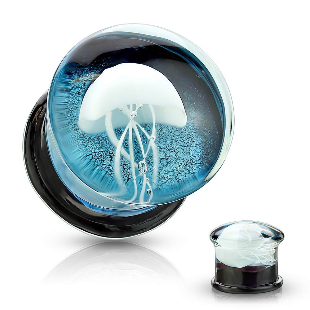 Pierced Owl Glass Floating Jellyfish Blue Double Flared Saddle Plug Gauges, Sold as a Pair (8mm (0GA))