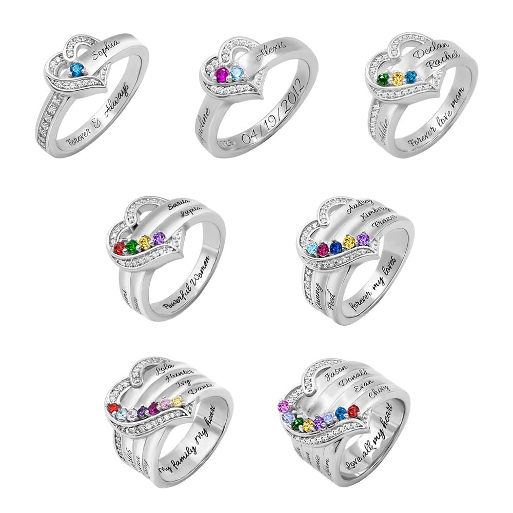 AILIN Personalized 1-8 Birthstone Rings 925 Sterling Silver Heart Custom Engraved Name Ring Wedding Family Mother Days Birthday Jewelry Gifts For Women Grandma Mom Her Daughter