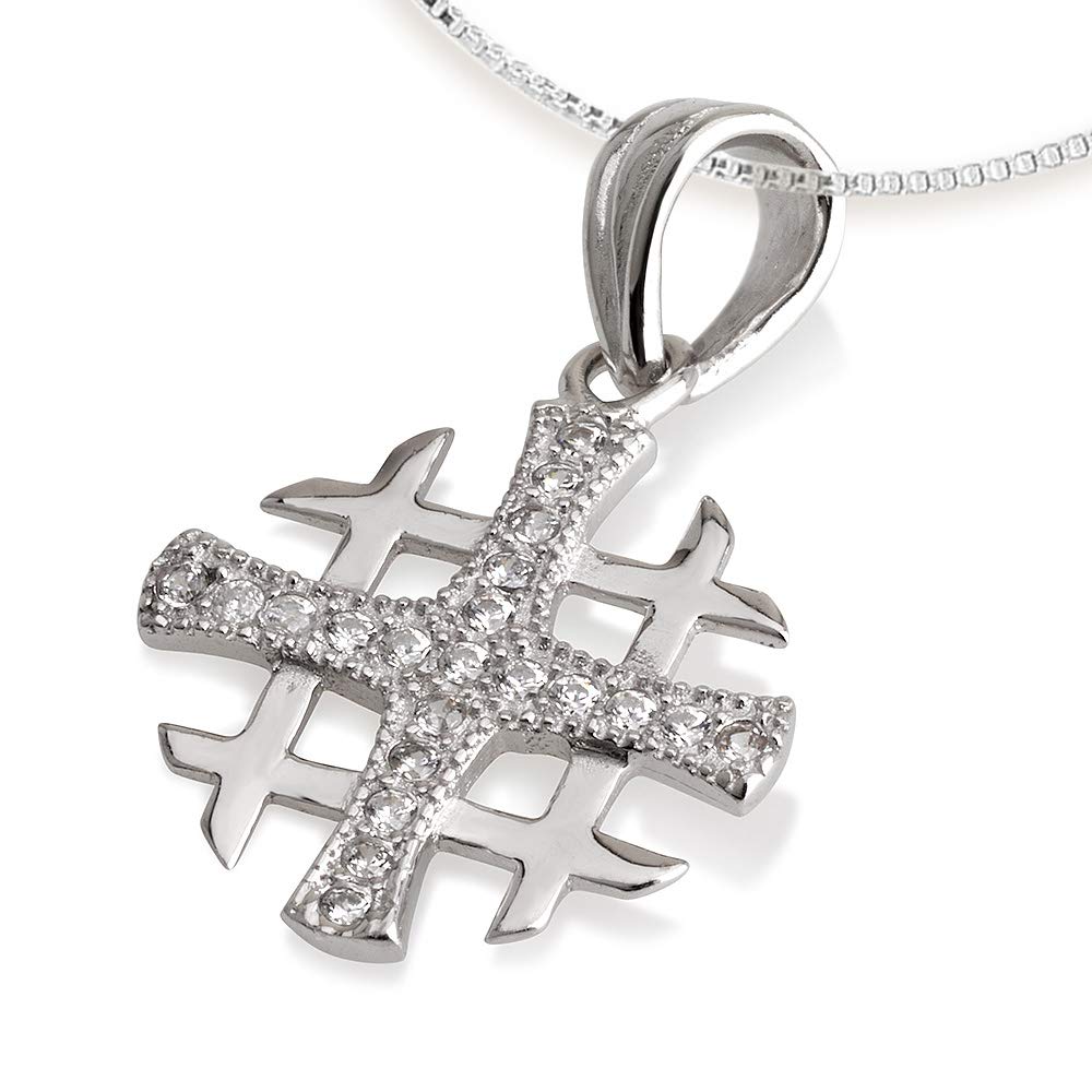 925 Sterling Silver Pendant Jerusalem Cross Symbol Of Christ Richly Decorated 0.61x0.52" Silver Cubic Zirconia Jewish Holyland Israel Gifts Art Spiritual Bible Blessings Handmade Jewelry Unique Rare