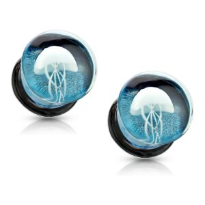 pierced owl glass floating jellyfish blue double flared saddle plug gauges, sold as a pair (8mm (0ga))