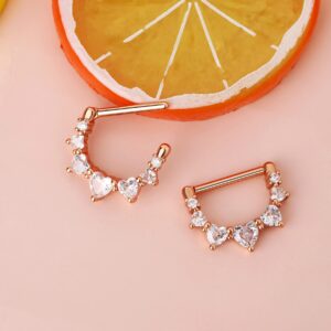 Melighting 2pcs 14G Nipple Ring Surgial Steel 316L Nipple Piercing Jewelry Shiny Heart Clear CZ Nipple Bars Nipple Barbell for Women Rose Gold 14mm