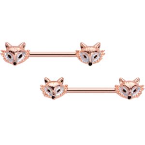 body candy 14g womens nipplerings piercing pvd steel 2pc rosy animal fox nipple ring set 9/16"