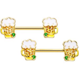 body candy 14g womens nipplerings piercing plated stainless steel 2pc frost mug of beer nipple ring set 9/16"