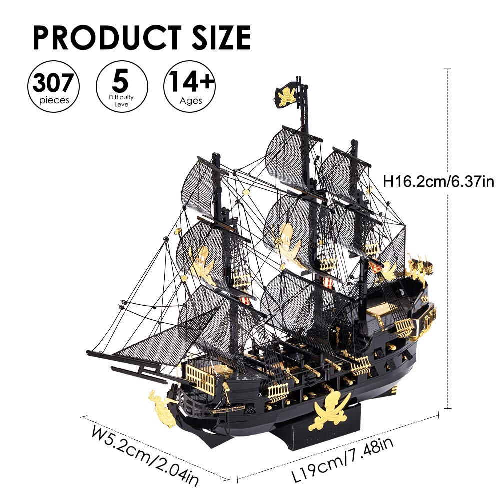 Piececool 3D Puzzles for Adults, Black Pearl Pirate Ship Metal Model Kits, 3D Watercraft Model Building Kit, DIY Craft Kits for Family Time, Great, 307Pcs