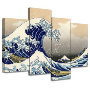 signleader 4 panel large japanese the great wave landscape canvas wall art for living room bedroom home office wall decor - 48"x35.75"