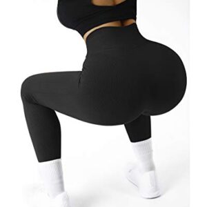 SUUKSESS Women Ribbed Seamless Leggings High Waisted Tummy Control Workout Yoga Pants (Black, M)