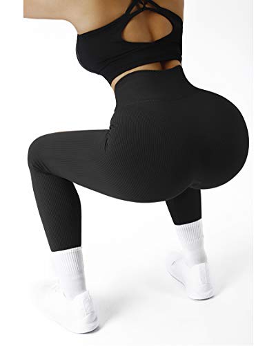 SUUKSESS Women Ribbed Seamless Leggings High Waisted Tummy Control Workout Yoga Pants (Black, M)