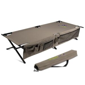 extremus new komfort camp cot, folding camping cot, guest bed, 300 lbs capacity, steel frame, strong 300d polyester surface, includes side storage organizer, carry bag