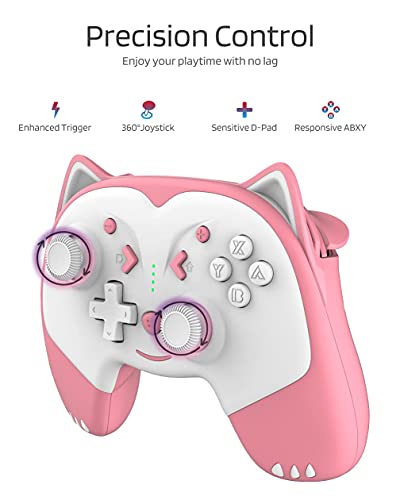 KINVOCA Wireless Controller for Nintendo Switch/Switch Lite, Cute Pro Controller with Turbo, Motion, Vibration, Wake-Up, Headphone Jack and Breathing Light - Pink