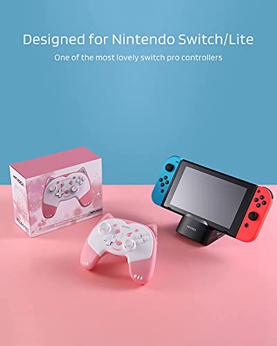 KINVOCA Wireless Controller for Nintendo Switch/Switch Lite, Cute Pro Controller with Turbo, Motion, Vibration, Wake-Up, Headphone Jack and Breathing Light - Pink