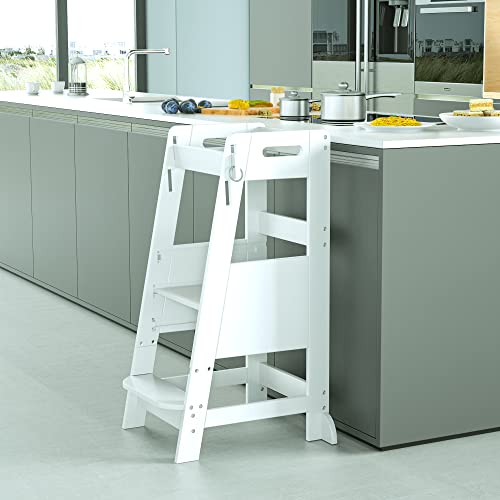 TOETOL Bamboo Toddler Kitchen Step Stool White Helper Standing Tower Height Adjustable with Anti-Slip Protection for Kids Kitchen Counter Learning