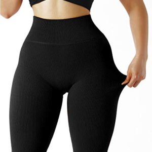 SUUKSESS Women Ribbed Seamless Leggings High Waisted Tummy Control Workout Yoga Pants (Black, M)