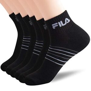 fila men's striped half cushion quarter socks, black (6 pack), one size