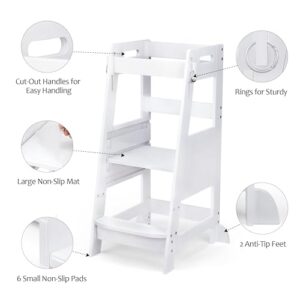 TOETOL Bamboo Toddler Kitchen Step Stool White Helper Standing Tower Height Adjustable with Anti-Slip Protection for Kids Kitchen Counter Learning