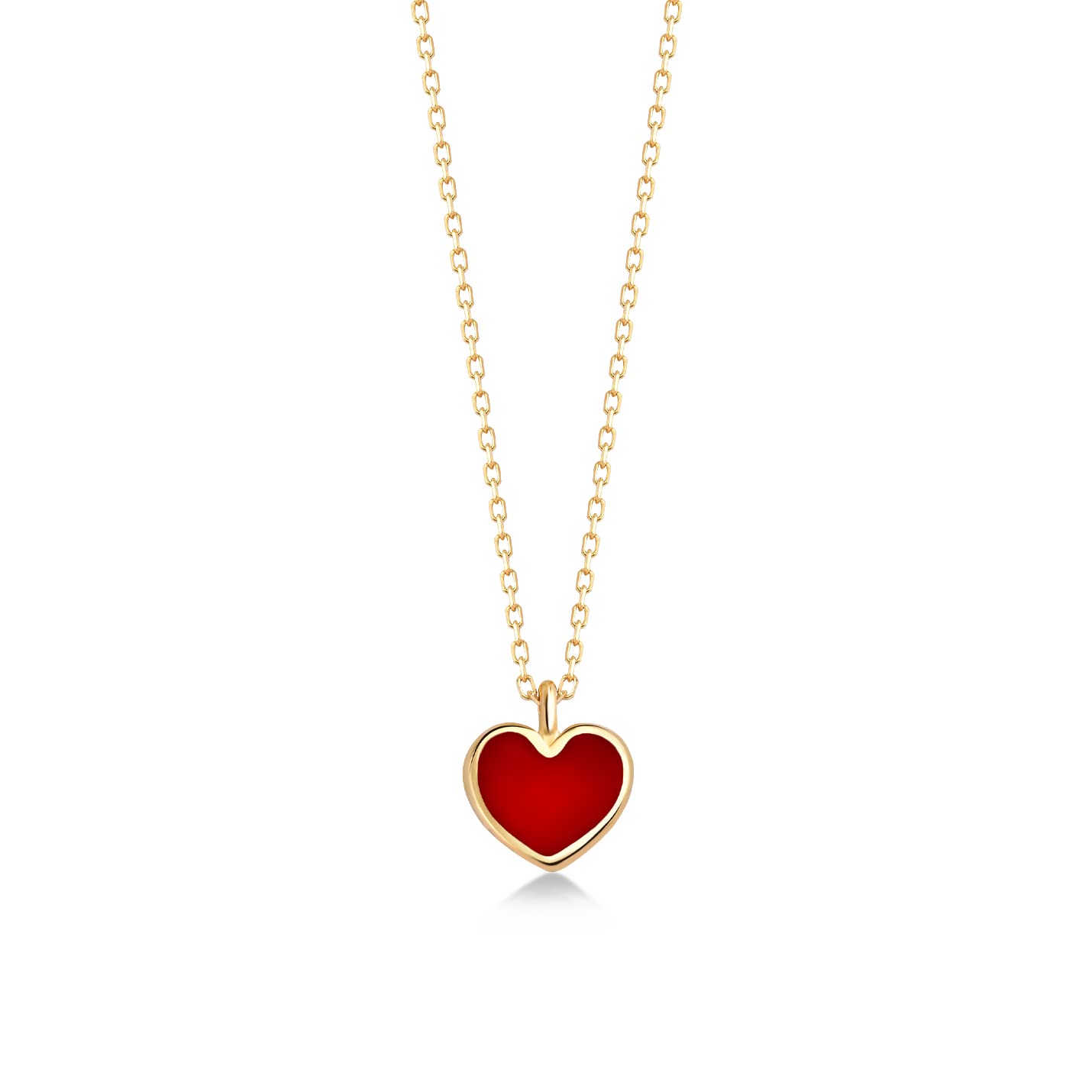 14k Solid Gold Red Heart Necklace | 14k Yellow Gold Necklaces for Women | Heart Shaped Pendant Necklaces | Dainty Love Themed Jewelry | Gifts for Christmas, 18"