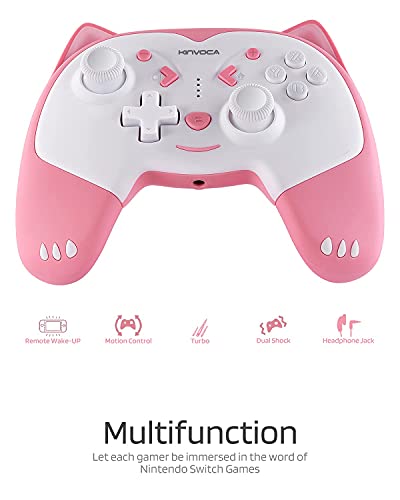 KINVOCA Wireless Controller for Nintendo Switch/Switch Lite, Cute Pro Controller with Turbo, Motion, Vibration, Wake-Up, Headphone Jack and Breathing Light - Pink