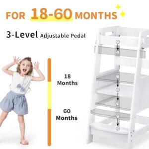 TOETOL Bamboo Toddler Kitchen Step Stool White Helper Standing Tower Height Adjustable with Anti-Slip Protection for Kids Kitchen Counter Learning