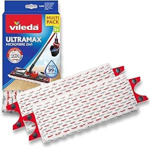 Vileda UltraMax Flat Mop Refill, 1 Count (Pack of 1), White/Red