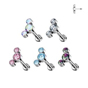 Pierced Owl 16-18GA G23 Implant Grade Titanium Threadless Push-In Triple Round CZ Crystal Curved Flat Back Lip Cartilage Ear Lobe Stud (Aurora Borealis, 18GA)