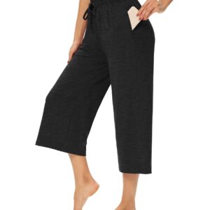 DIBAOLONG Womens Capri Pants Loose Yoga Pants Wide Leg Drawstring Comfy Lounge Pajama Capris Sweatpants with Pockets Charcoal Grey M