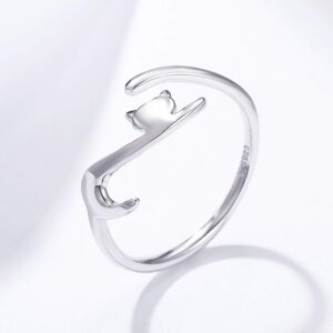 VINWOS Silver Cat Animal Rings for Women 925 Sterling Silver Kitty Adjustment Rings Jewelry Mother's Day Gifts for Her