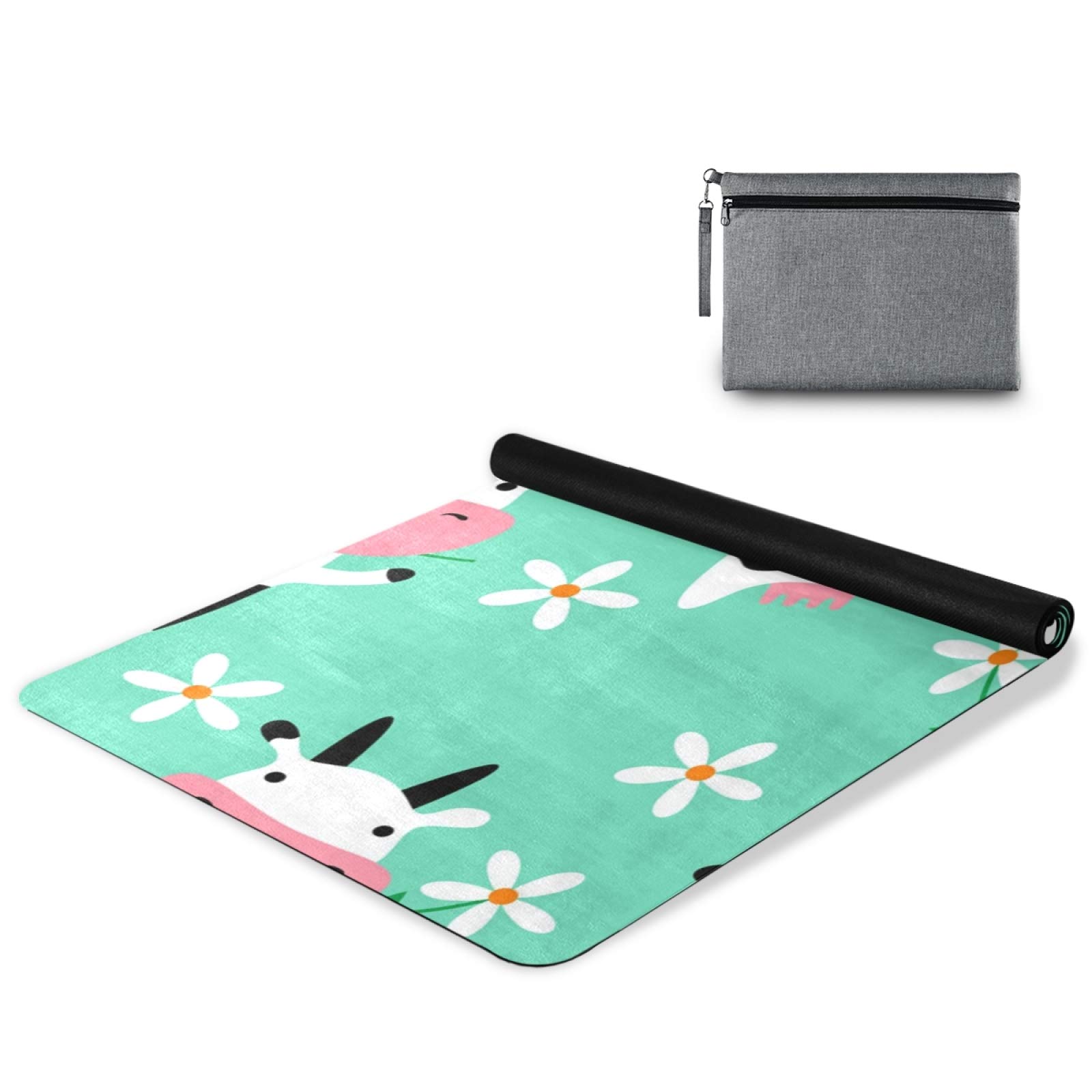 OTVEE Cute Cow Eating Grass Yoga Mat for Women Non Slip Ultra Thin 1 MM Travel Yoga Mat with Carrying Bag Suede Fitness Exercise Mat for Yoga Pilates Workout Routines Camping