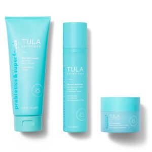 tula skin care ready-to-go skincare 3-step essentials kit - face wash, toner and face moisturizer to achieve balanced, glowing and hydrated skin, 3-piece kit