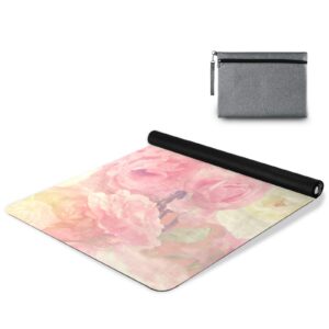 OTVEE Pink And White Roses Flowers Yoga Mat for Women Non Slip Ultra Thin 1 MM Travel Yoga Mat with Carrying Bag Suede Fitness Exercise Mat for Yoga Pilates Workout Routines Camping