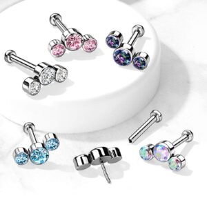 Pierced Owl 16-18GA G23 Implant Grade Titanium Threadless Push-In Triple Round CZ Crystal Curved Flat Back Lip Cartilage Ear Lobe Stud (Aurora Borealis, 18GA)