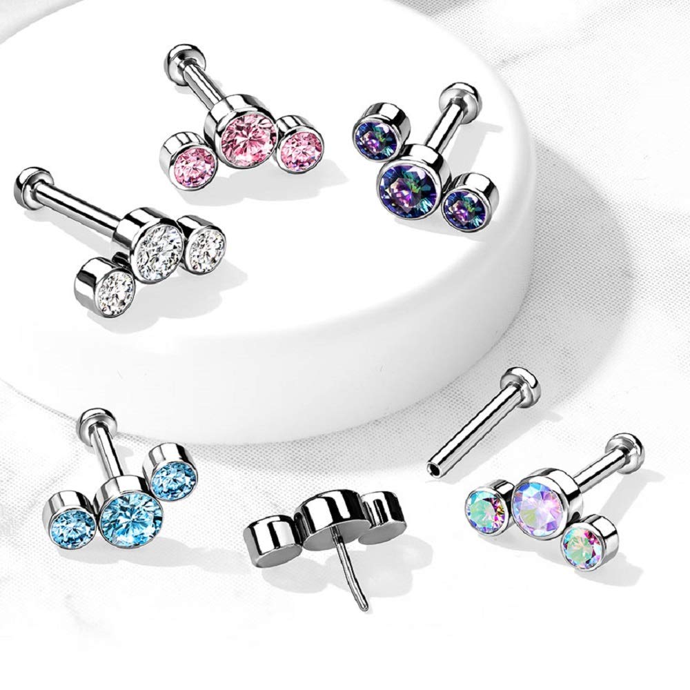 Pierced Owl 16-18GA G23 Implant Grade Titanium Threadless Push-In Triple Round CZ Crystal Curved Flat Back Lip Cartilage Ear Lobe Stud (Aurora Borealis, 18GA)