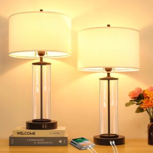 modern touch control dimmable table lamps with 2 usb ports for living room set of 2, 3-way dimmable bedside lamps with white fabric drum shades for reading bedroom nightstand hotel, led bulbs included