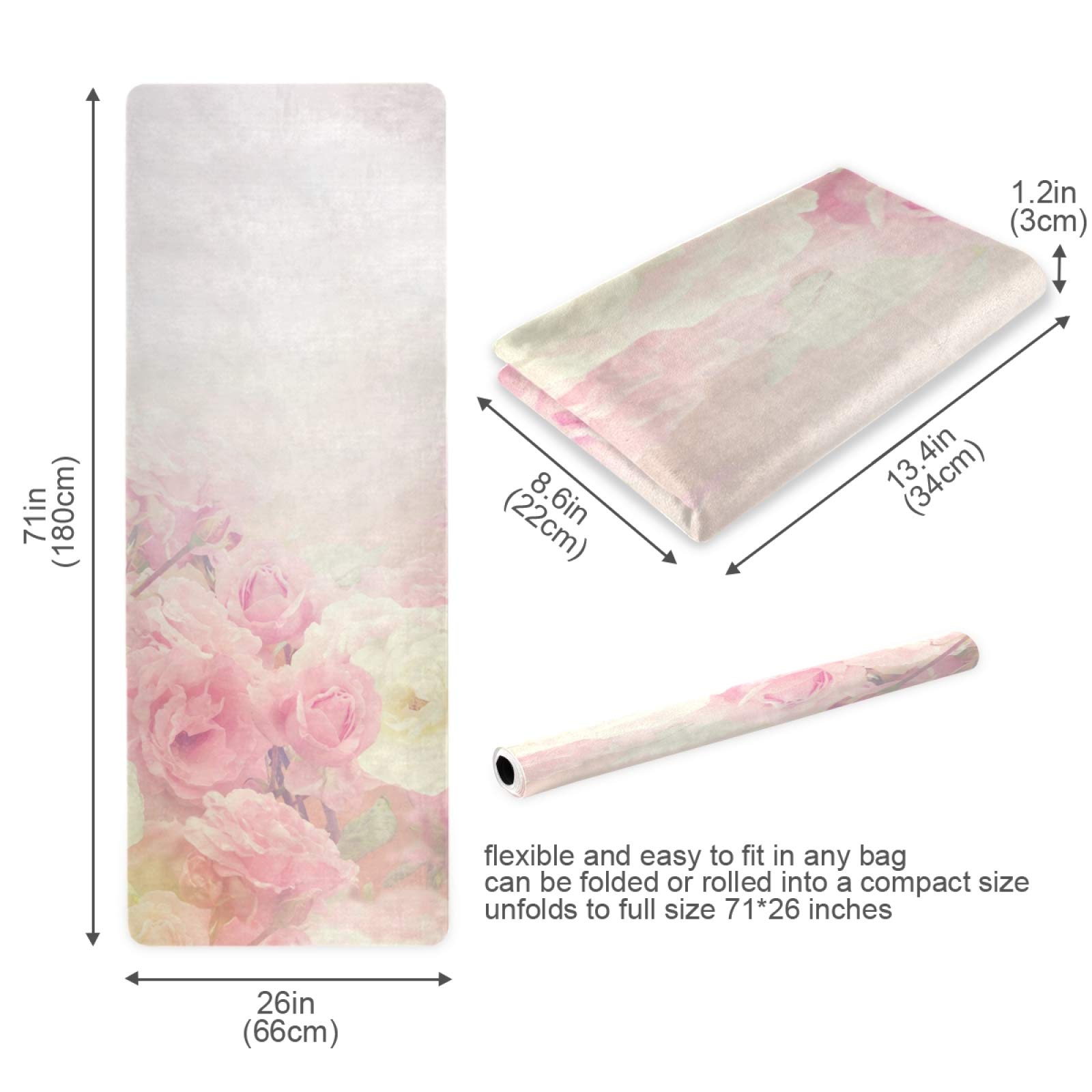 OTVEE Pink And White Roses Flowers Yoga Mat for Women Non Slip Ultra Thin 1 MM Travel Yoga Mat with Carrying Bag Suede Fitness Exercise Mat for Yoga Pilates Workout Routines Camping