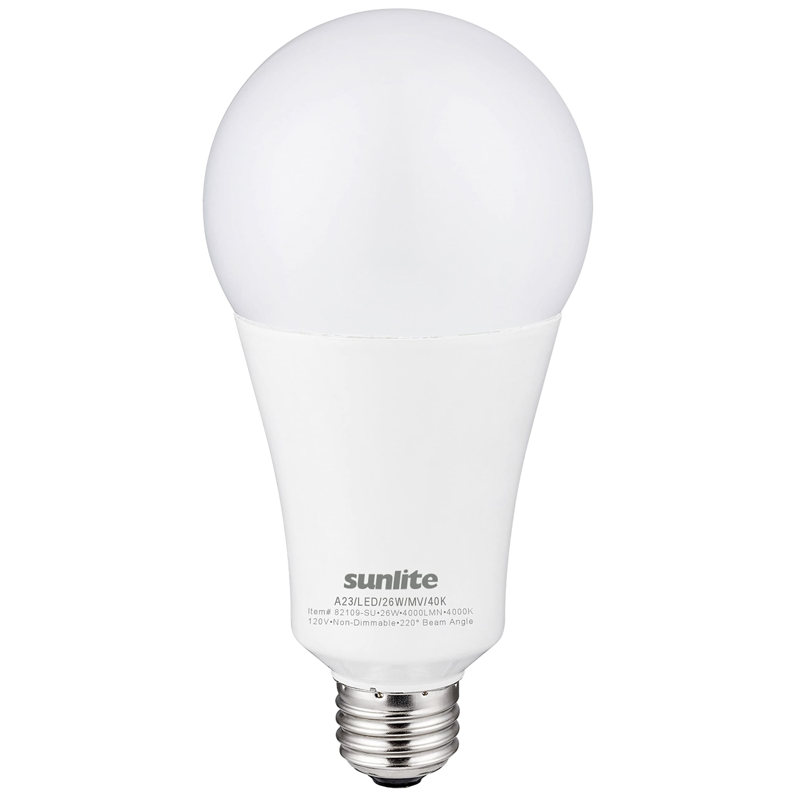 Sunlite 82109 LED A23 Light Bulb, 26 Watts (300w Equivalent), High Output, 4000 Lumens, Medium E26 Base, 120-227 Multi-Volt, Non-Dimmable, UL Listed, 4000K Cool White