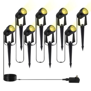 sunthin outdoor landscape lighting, 8 pack led spot lights kit for garden, yard, house, lawn, tree, flags, fence use, warm white, ip65 waterproof