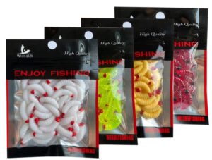 200pcs maggots fishing lures bread grub worm baits, artificial soft plastic smell lifelike worm baits for lake freshwater saltwater ice outdoor fishing gear accessories, all 4 colors