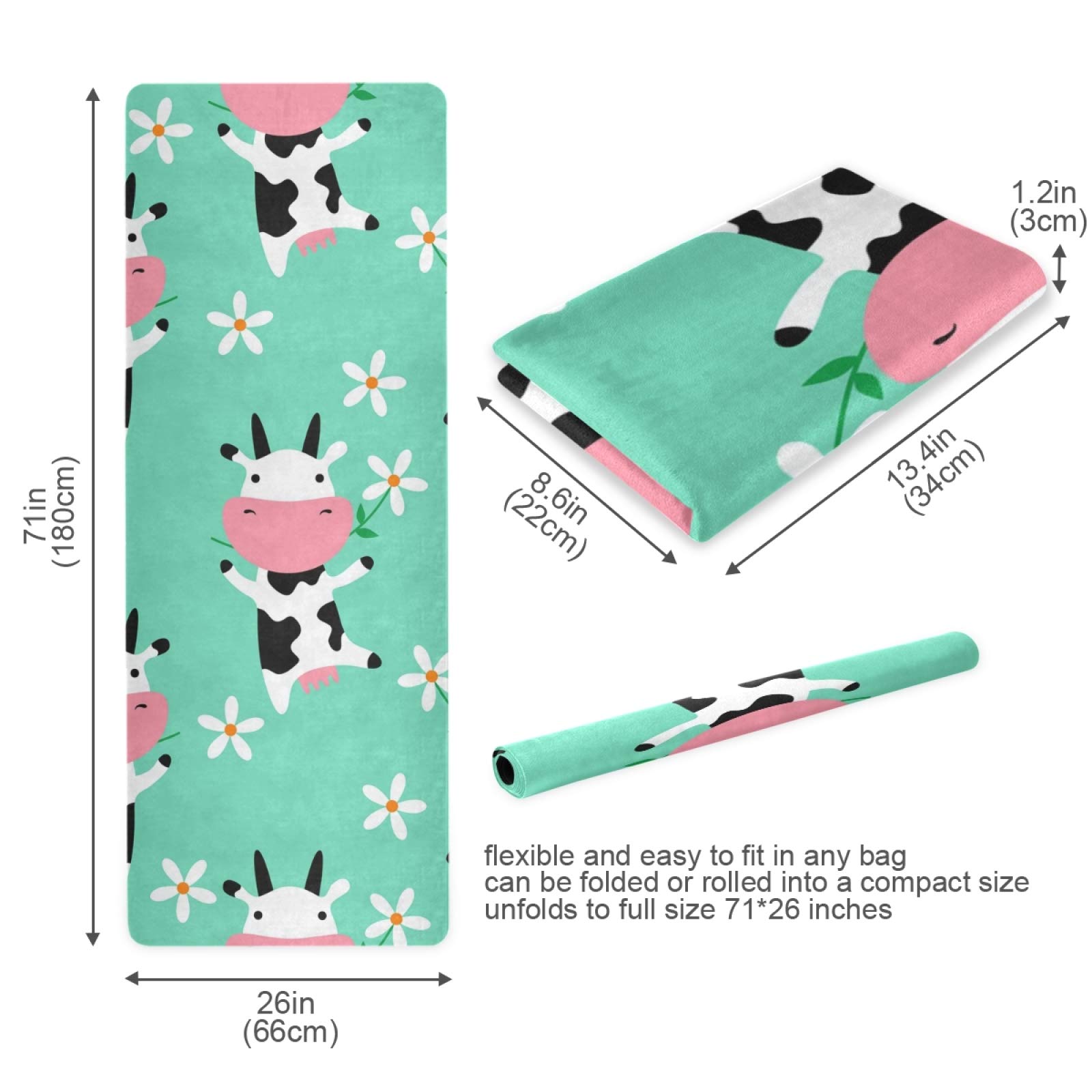 OTVEE Cute Cow Eating Grass Yoga Mat for Women Non Slip Ultra Thin 1 MM Travel Yoga Mat with Carrying Bag Suede Fitness Exercise Mat for Yoga Pilates Workout Routines Camping