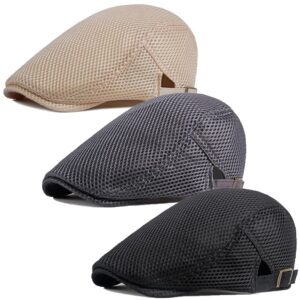 men's breathable mesh summer hat flat cap beret ivy gatsby newsboy cabbie caps (c-blackgreykhaki), one size