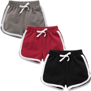 qtglb girls shorts 3-pack 100% cotton active athletic running sleeping for toddler kids big girl's (12-14, grey black red)