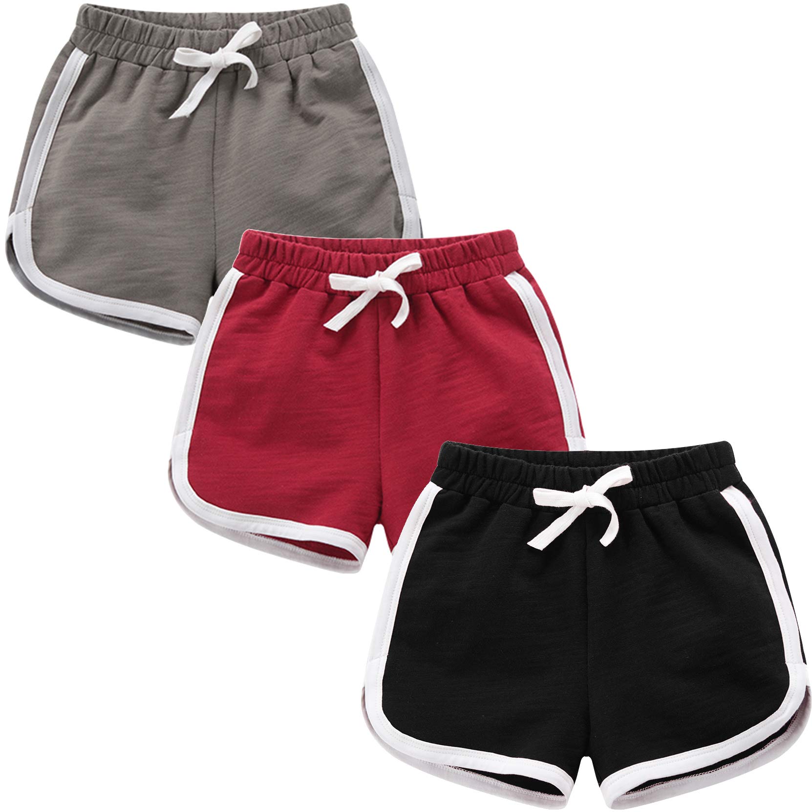 qtGLB Girls Shorts 3-Pack 100% Cotton Active Athletic Running Sleeping for Toddler Kids Big Girl's (12-14, Grey Black Red)