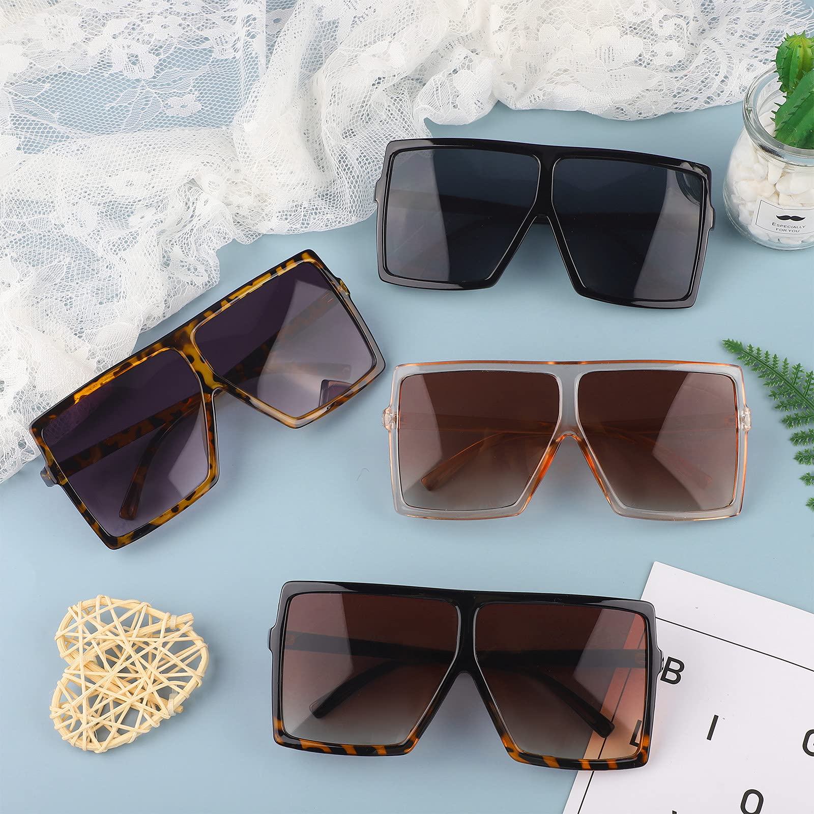 URATOT 4 Pieces Oversized Square Sunglasses Big Women Sunglasses Retro Flat Top Fashion Shades Sunglasses