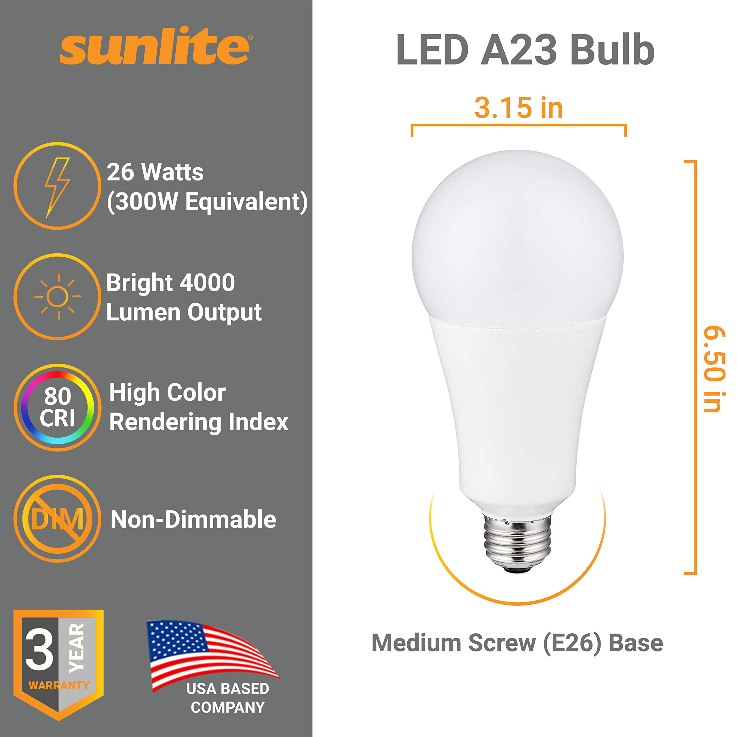 Sunlite 82109 LED A23 Light Bulb, 26 Watts (300w Equivalent), High Output, 4000 Lumens, Medium E26 Base, 120-227 Multi-Volt, Non-Dimmable, UL Listed, 4000K Cool White