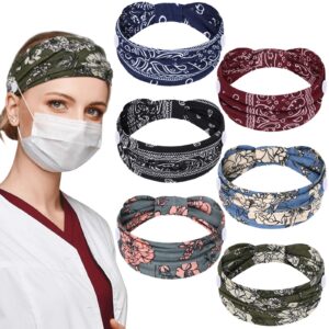 6 pieces nursing headbands with buttons for nurses doctor women boho bandana headbands wide stretch head wraps elastic hair bands for face covering holder ear protection (retro pattern)