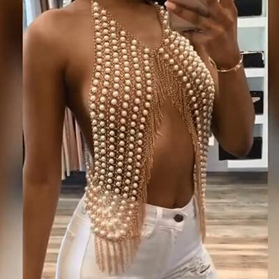 Foyte Sexy Pearl Tassels Body Chains Summer Bikini Gold Body Chain Beach Bra Body Chain Sparkly Body Accessorices for Women and Girls (Pearl)