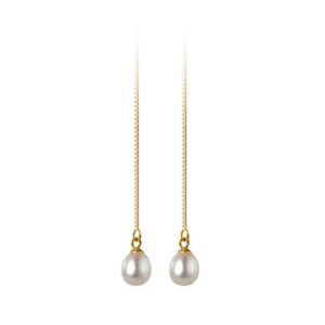 waterdrop pearl sterling silver threader earrings for women girls elegant shell pearl long tassel chain dangle drop statement earring studs ear line dainty jewelry gifts hypoallergenic 18k gold plated (yellow gold)